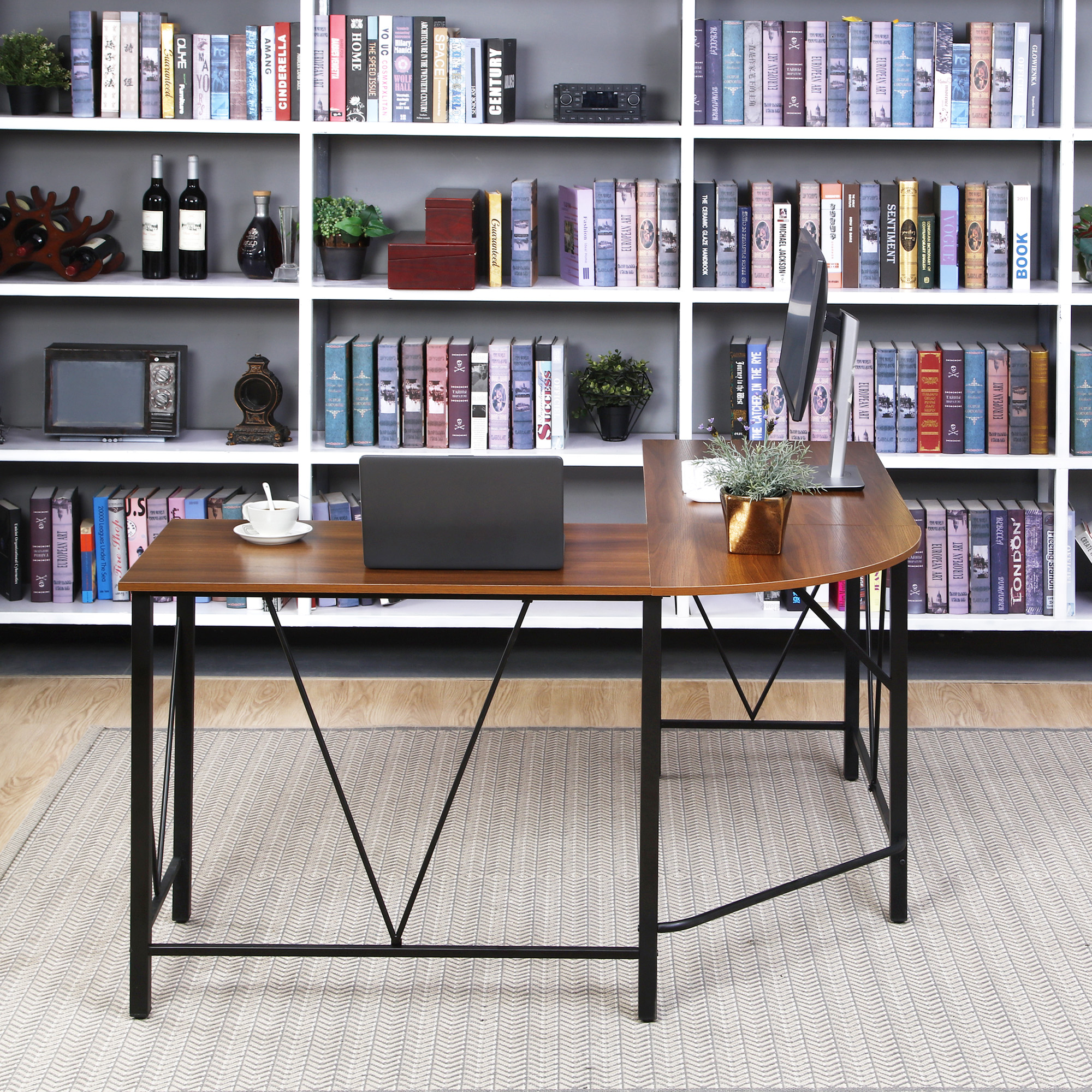 BeesClover L-Shaped Computer Desk, Home Office Desk with Monitor Stand ...