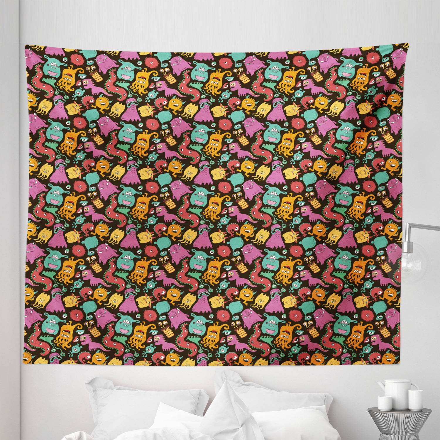 Cartoon Tapestry, Colorful Monster Pattern with Funny Expression ...
