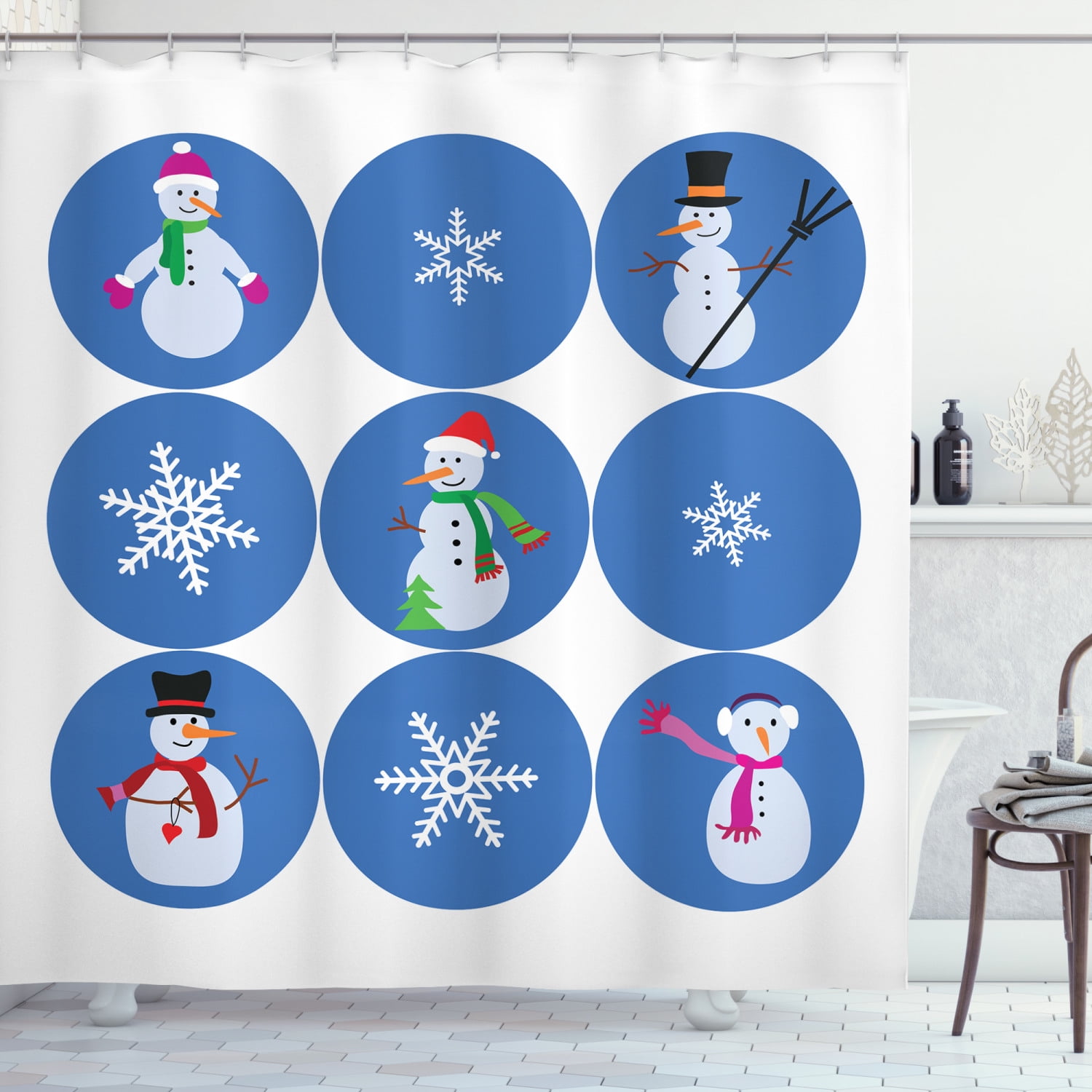 Snowman Shower Curtain, Arrangement of Rounds with Different Snowmen ...