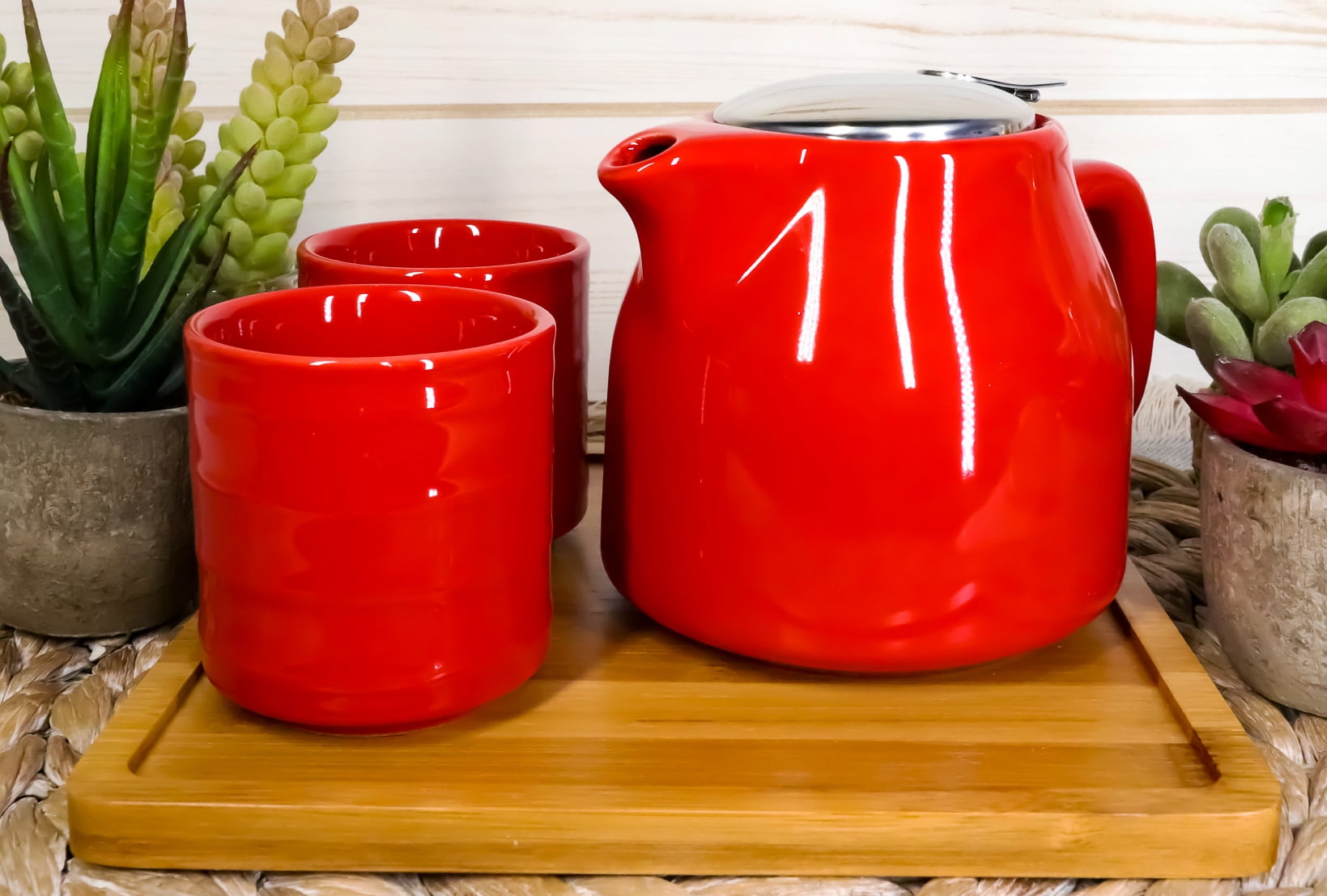 Bright Red Contemporary Ceramic 20oz Tea Pot With 2 Cups And Bamboo ...