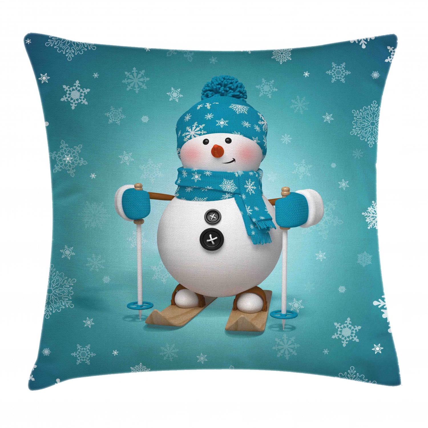 Snowman Throw Pillow Cushion Cover, Skiing with Ornate Snowflakes ...