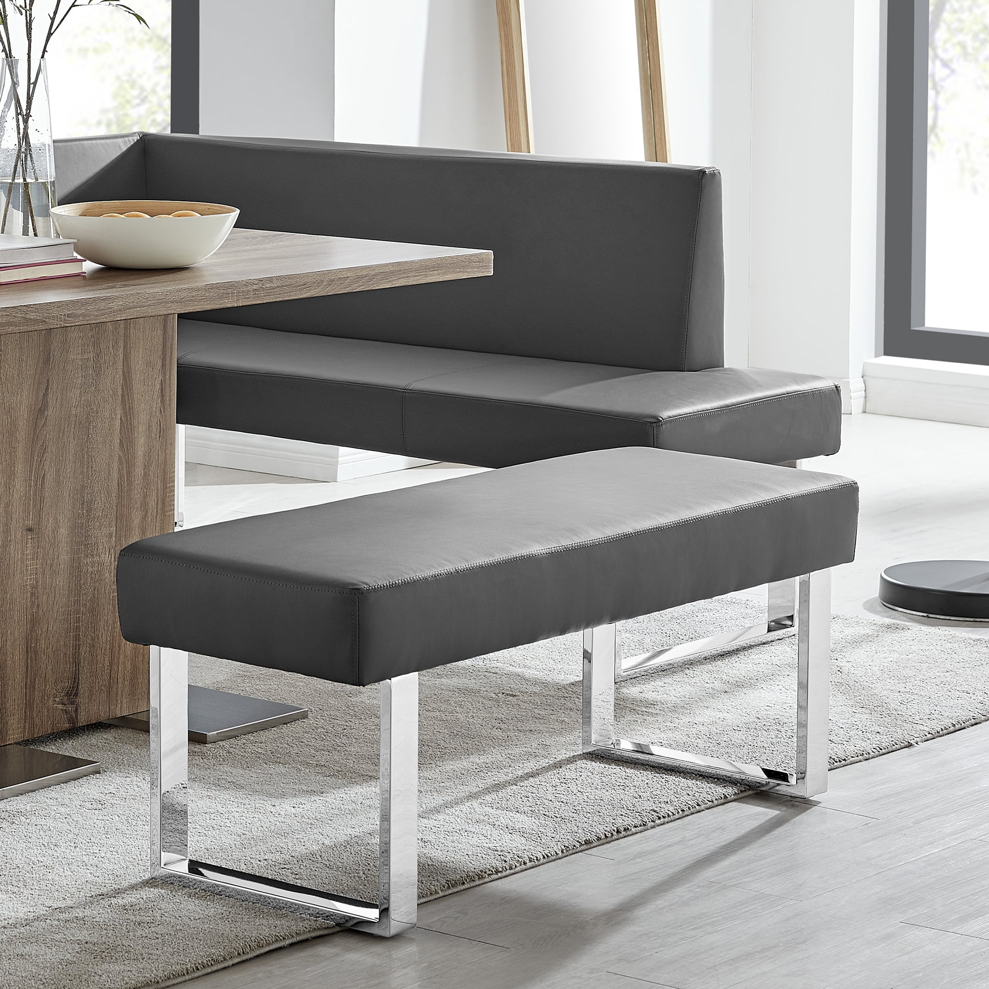 Armen Living Amanda Contemporary Dining Bench in Gray Faux Leather and ...