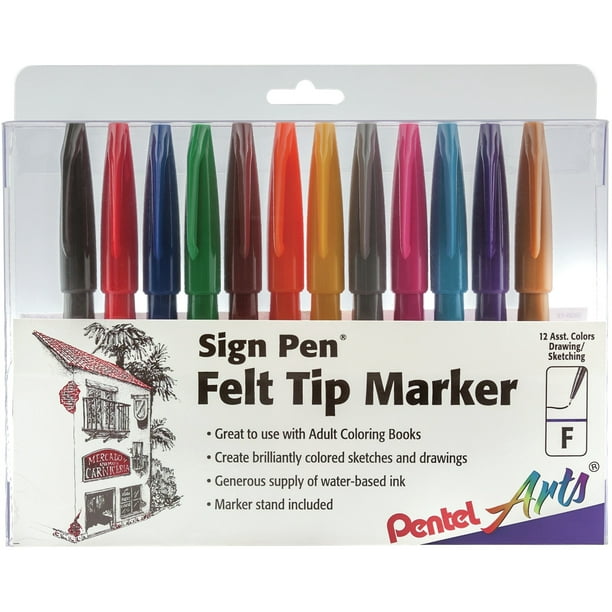 Pentel Arts Sign Pen Fiber-Tipped Pen, Assorted Ink 12-Pk Box - Walmart ...