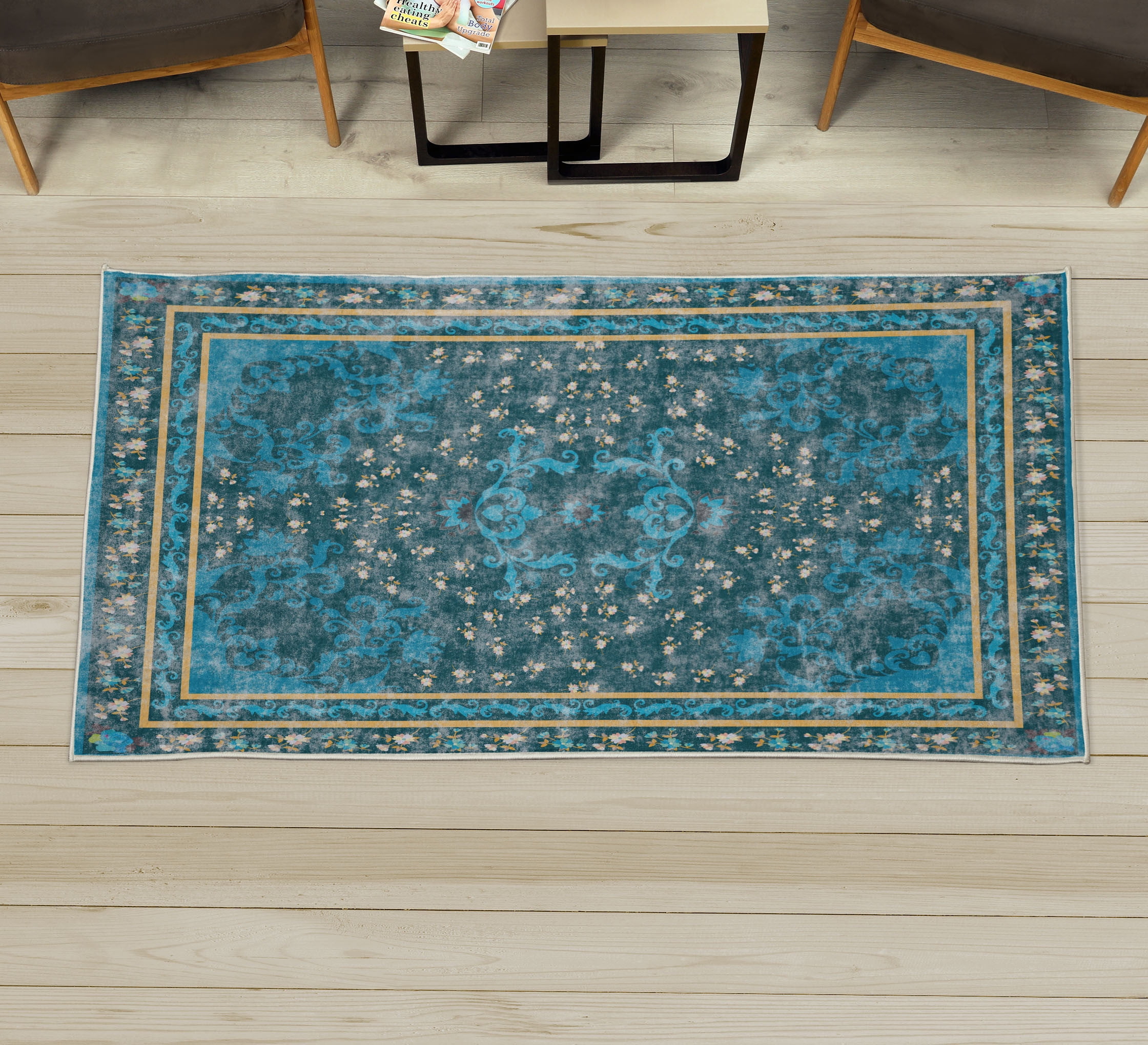 Damask Decorative Rug, Vintage Floral Motives and Weathered Toned ...