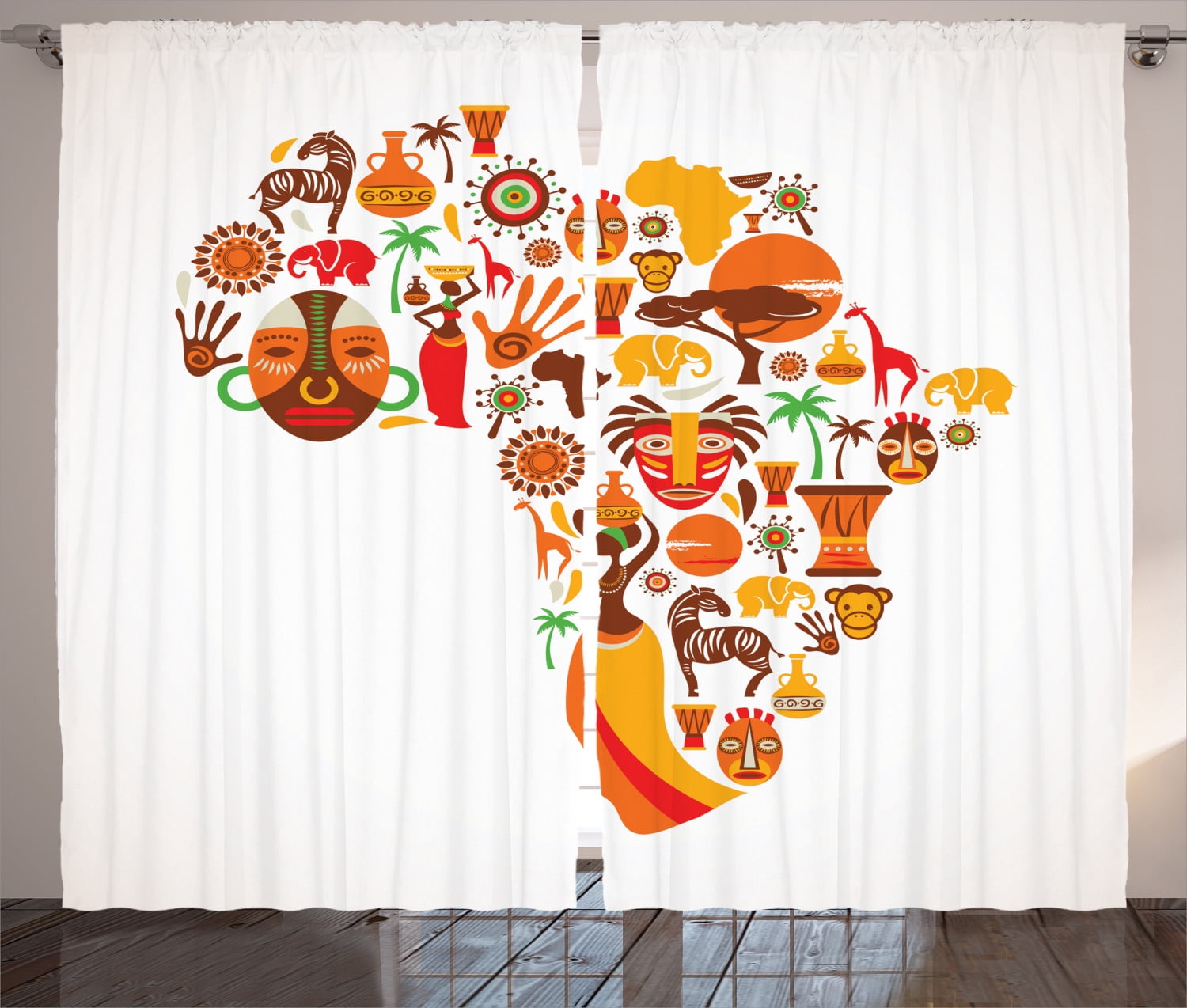 African Curtains 2 Panels Set, African Map with Different Famous Icons ...