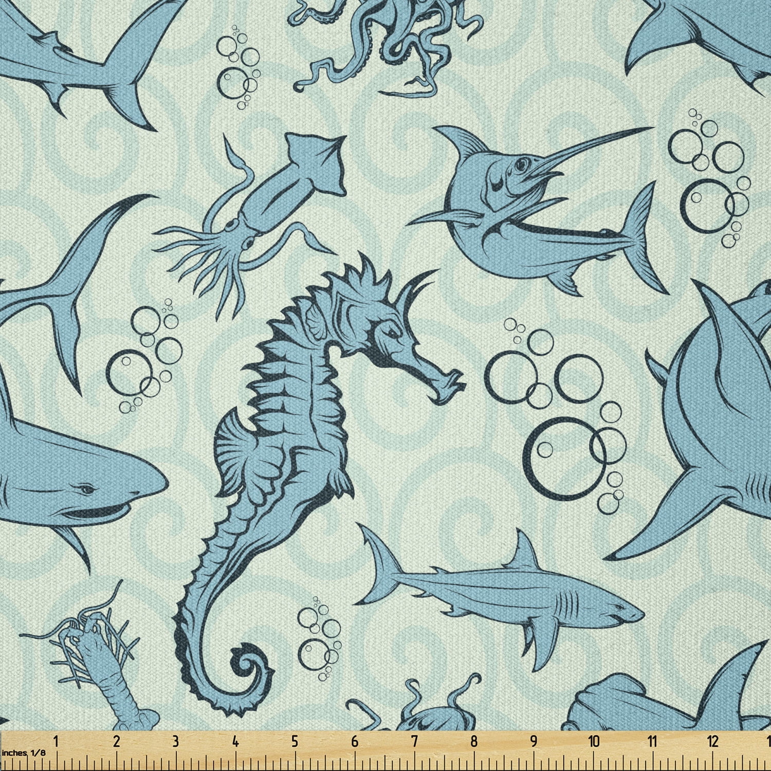 Underwater Fabric by The Yard, Cartoon Seahorse Cuttlefish Octopus and ...