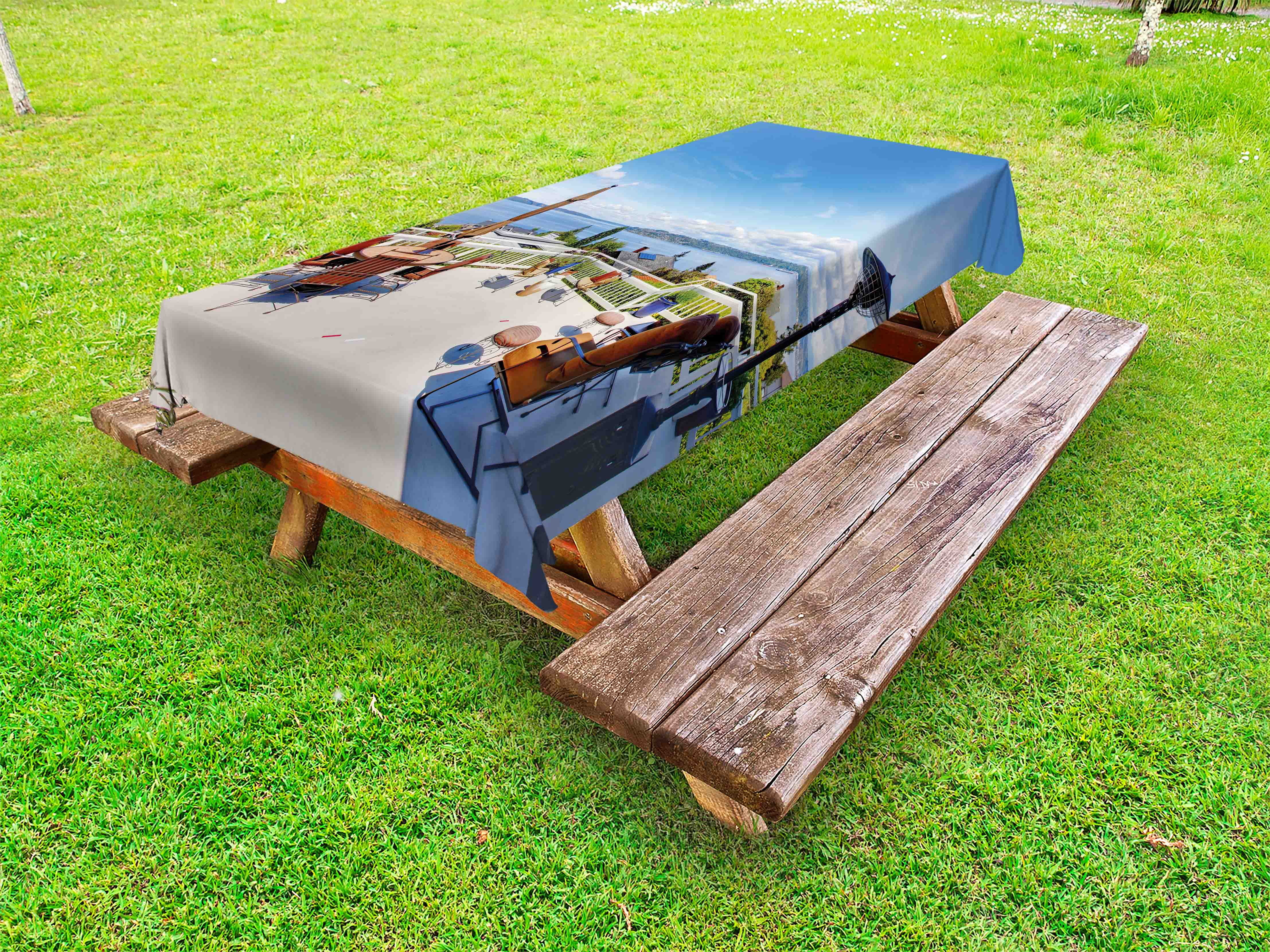 Landscape Outdoor Tablecloth, White Ancient House Terrace Balcony for ...