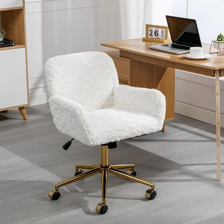 White Faux Fur Desk Chair Modern Furry Cute Office Desk Chair Faux Fur Makeup Vanity Chair with Wheels Gold Base Adjustable Swivel Ergonomic Home Office Chair for Girl Women Bedroom Study