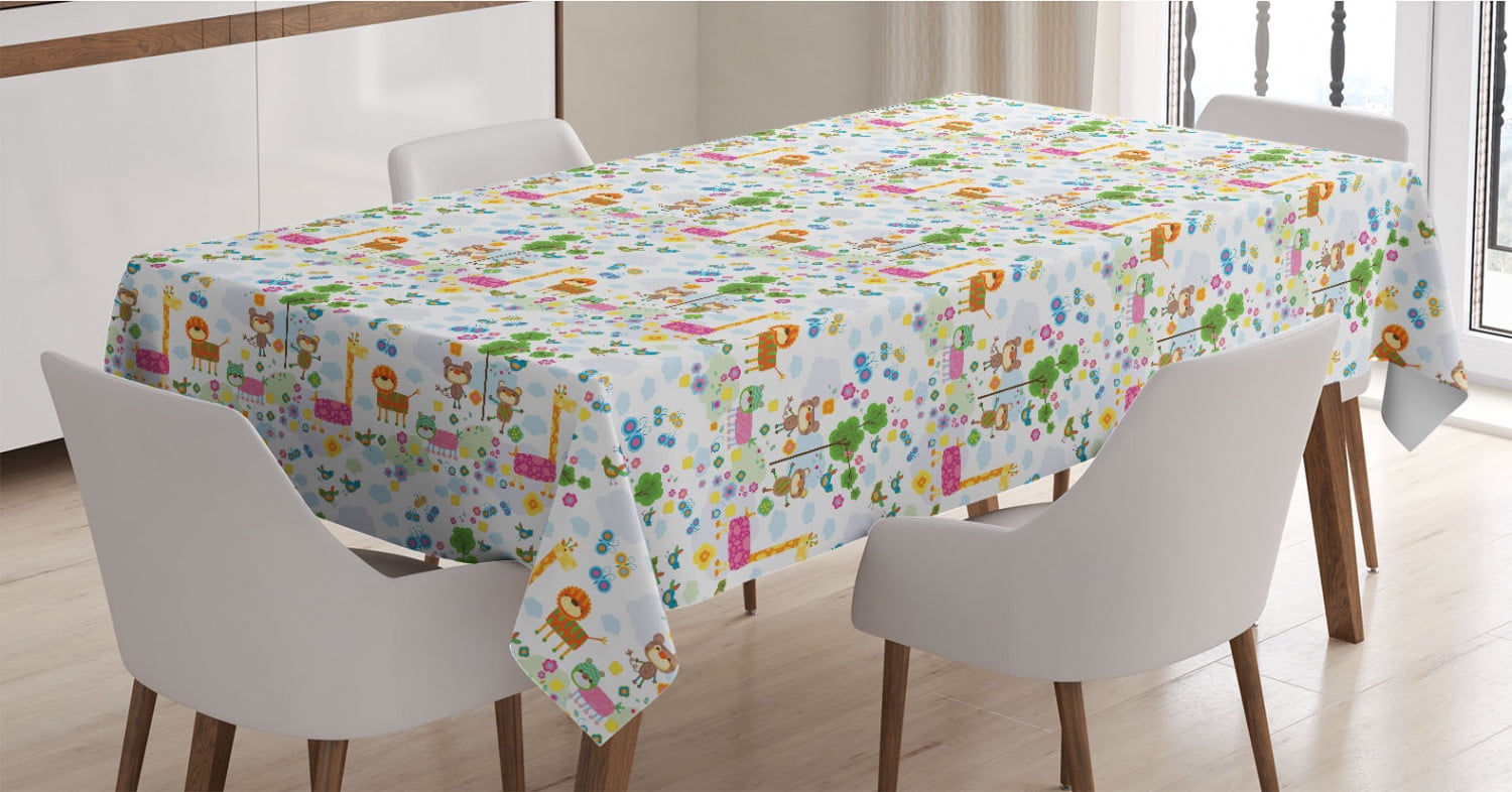 Cartoon Tablecloth, Floral Background with Funny and Animals Giraffe ...