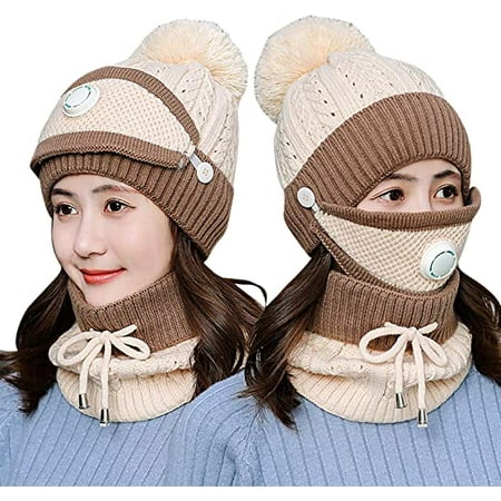 ZECATL Women’s Hat Scarf, Knitted Thickened Lining Hat Neck Warmer Face ...