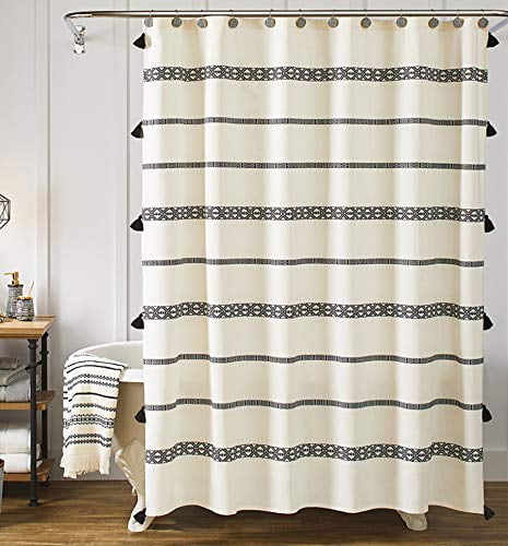 Yokii Tassel Fabric Shower Curtain Black And Cream Striped Fringe Boho