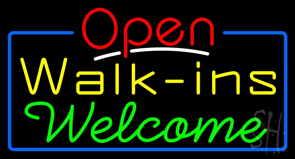 Red Open Walk Ins Welcome LED Neon Sign 13 x 24 - inches, Black Square ...