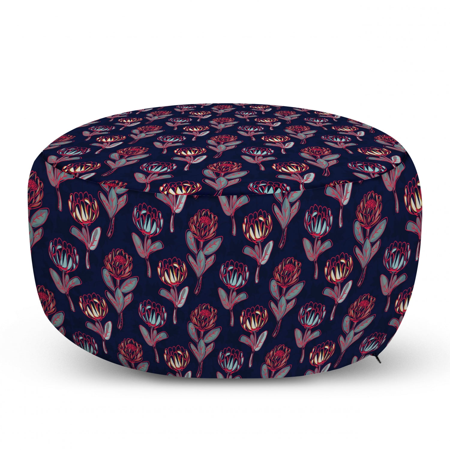 Floral Pouf Cover with Zipper, Doodle Style Hand Drawn Protea Flower ...