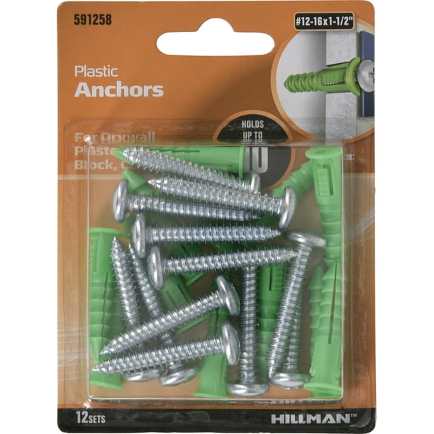 Hillman Ribbed Plastic Anchors with Screws (#12-16 x 1-1/2") - 12 Sets ...