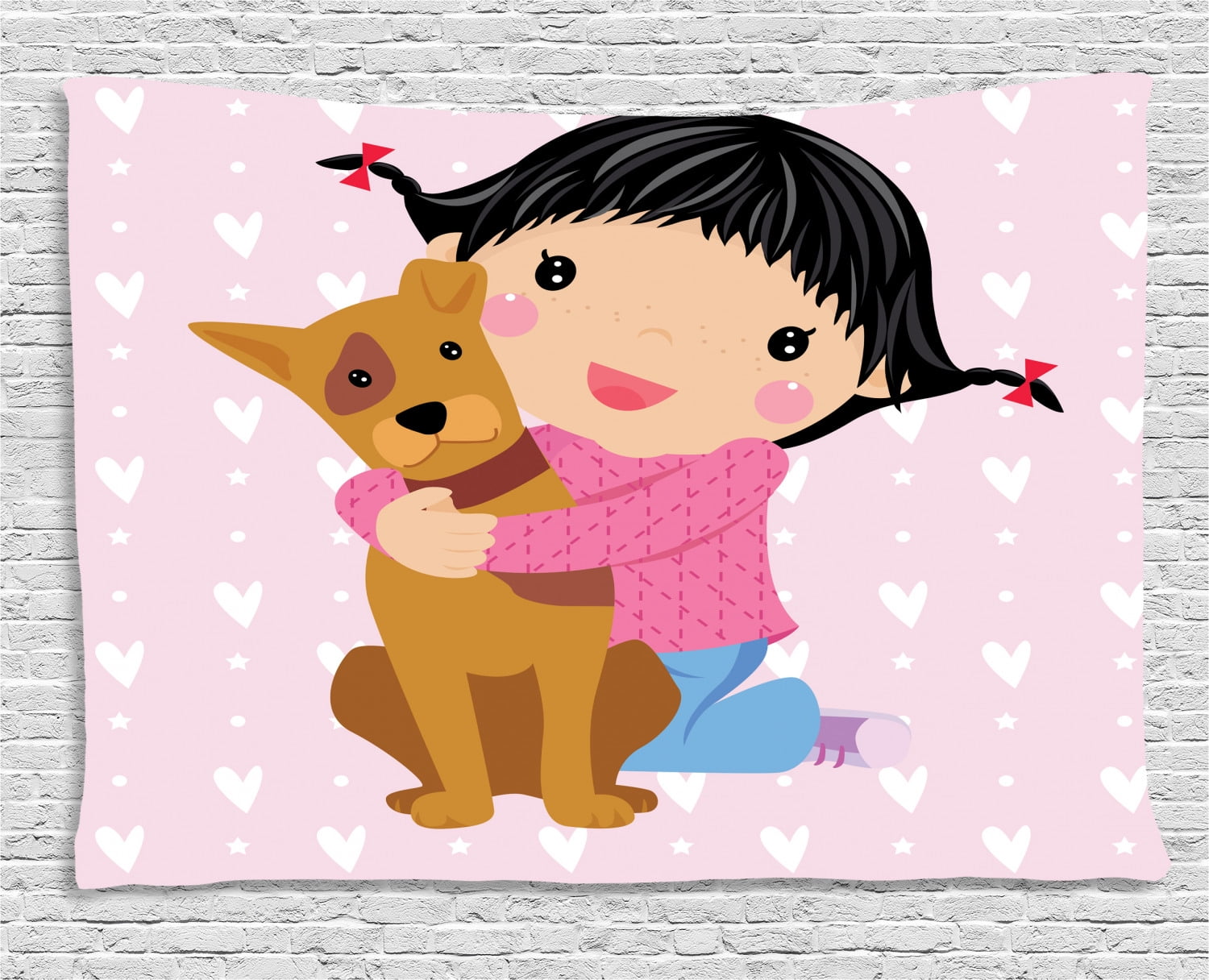 Kids Girls Tapestry, Cute Little Girl and Dog Hugging and Smiling ...