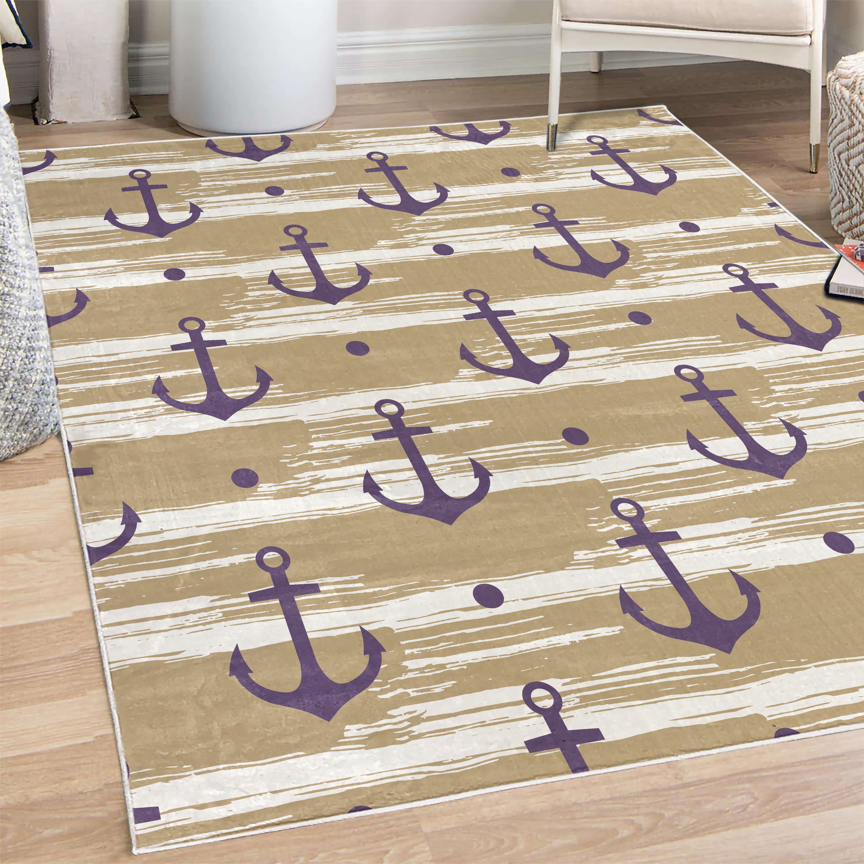 Marine Decorative Rug, Anchors and Skulls Crossed Bones Dots Pirate ...