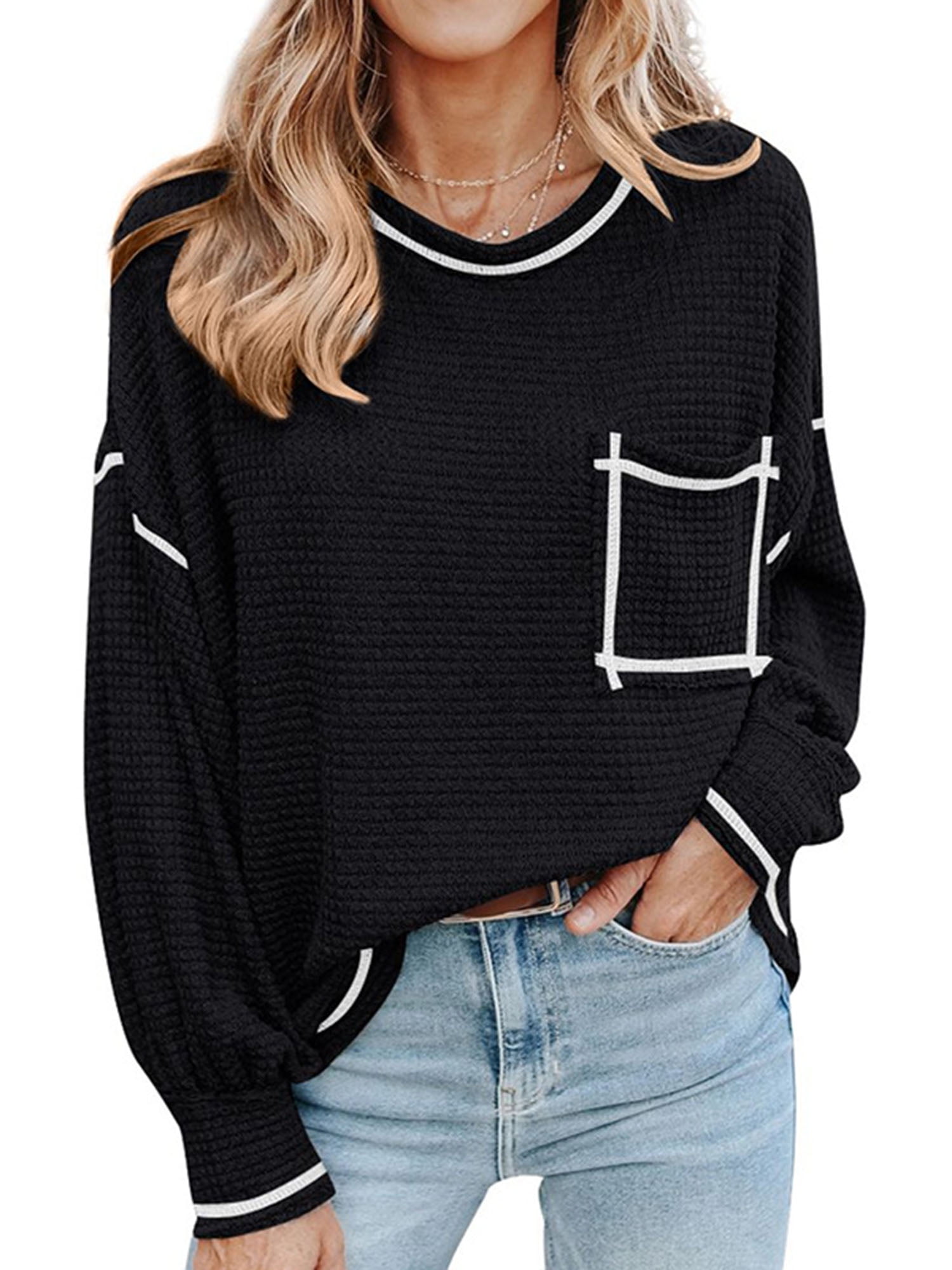 Women Waffle Sweater Long Sleeved Drop Sleeves Pullover Loose Causal ...