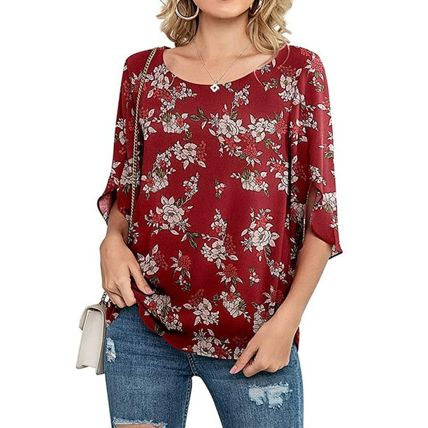 Nlife Women Floral Leaves Print Round Neck Split 3/4 Sleeve Blouse ...