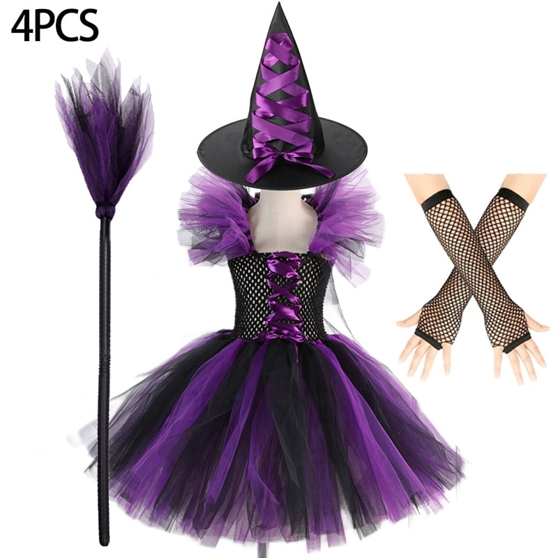 Disfraz de bruja morada para niñas, vestido de malla con cola, disfraz de Maléfica de lujo para ...