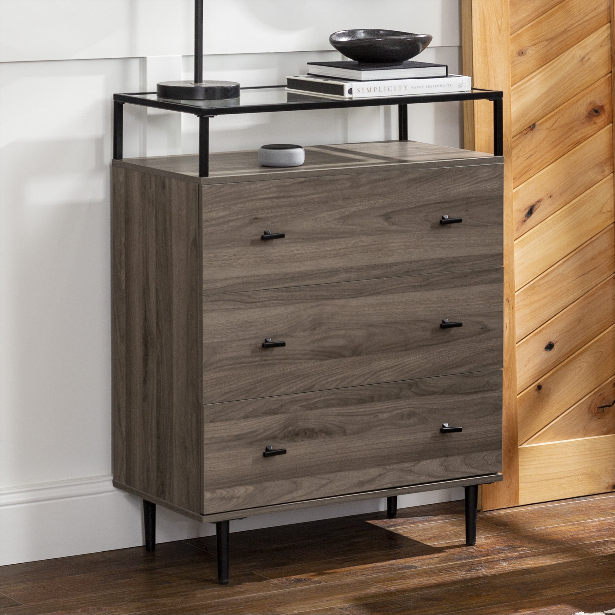 Modern Glass Top 3-Drawer Slate Grey Storage Cabinet by Manor Park ...