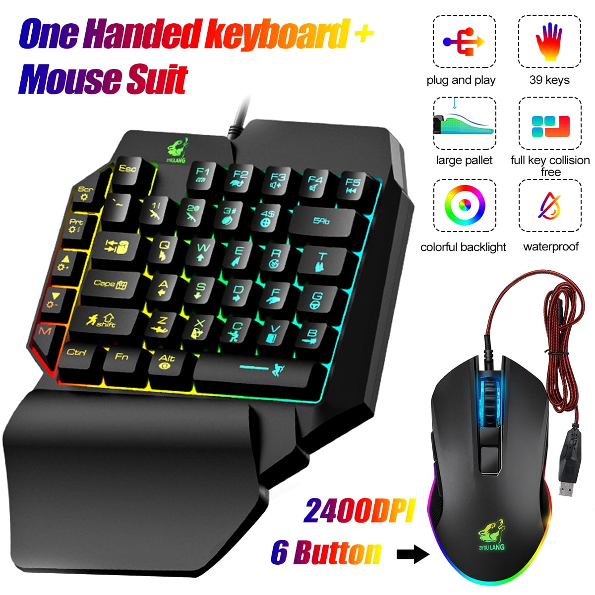 LED Colorful Light USB Wired Mouse + Keyboard Kit One handed keyboard ...