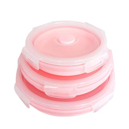 Round Bento Box Lunch Box Silicone Folding Food Container Pink 350/500 ...