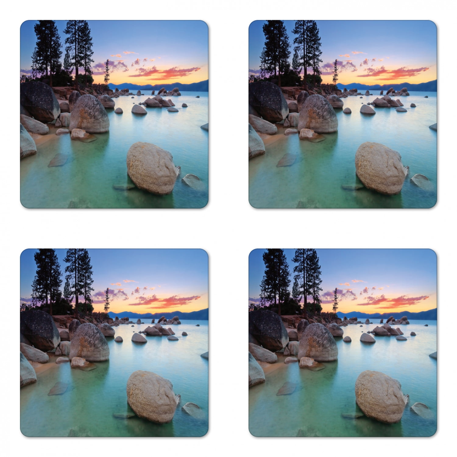 Lake Coaster Set of 4, Horizon on Stoned Sea Exquisite Sun Beams and ...