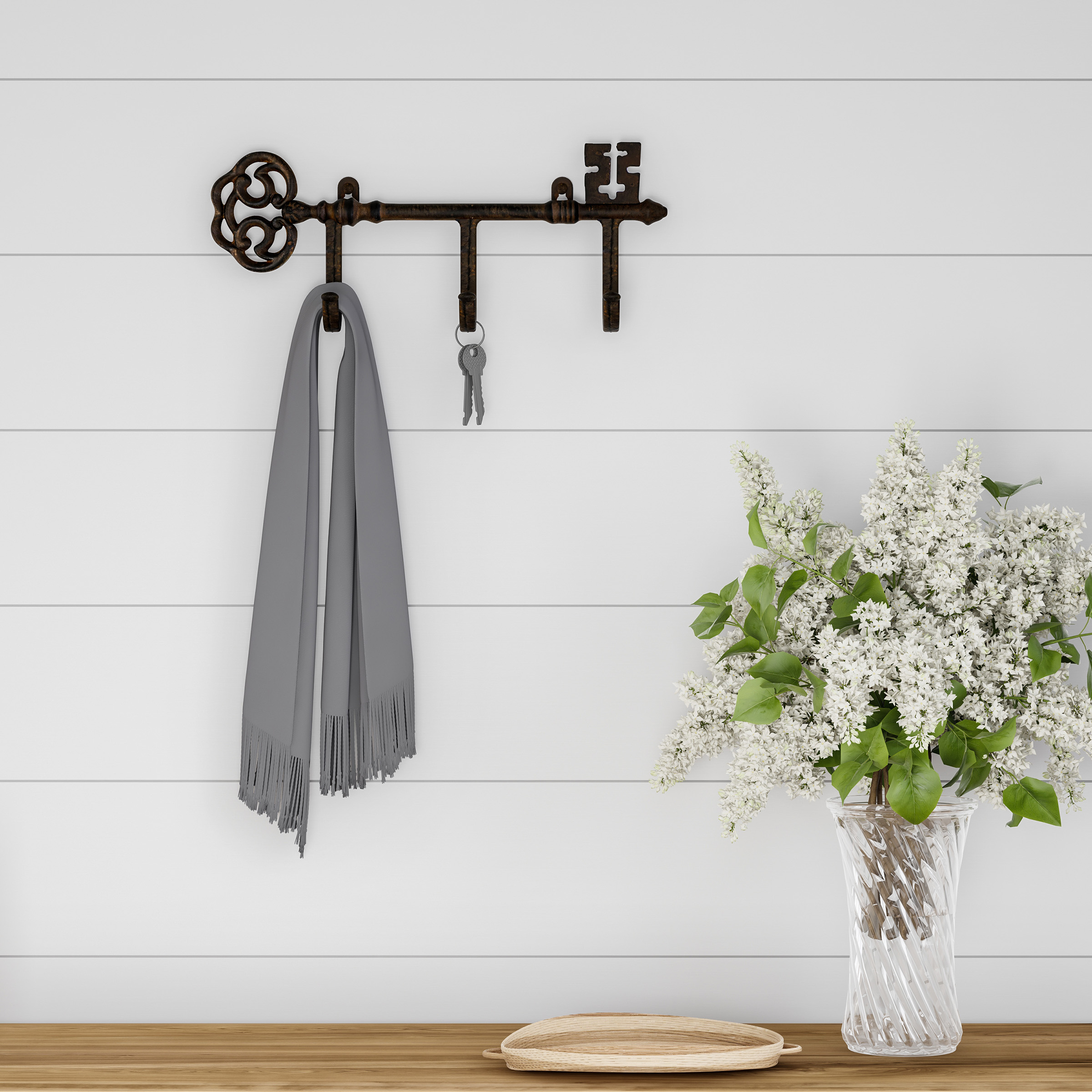 Decorative Skeleton Key Design Hooks 3 Pronged Cast Iron Shabby Chic