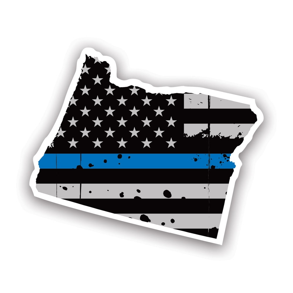 Distressed Thin Blue Line Oregon State Shaped Subdued US Flag Sticker Decal - Self Adhesive ...
