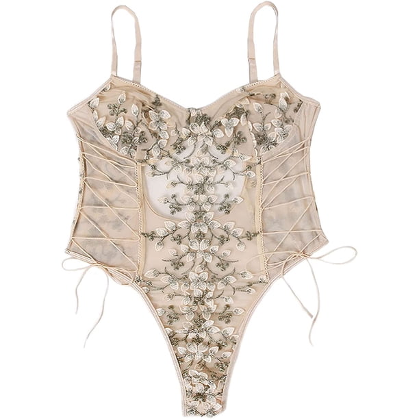 Lilosy Women Sexy Lace Up Floral Embroidered Teddy Lingerie Bodysuit