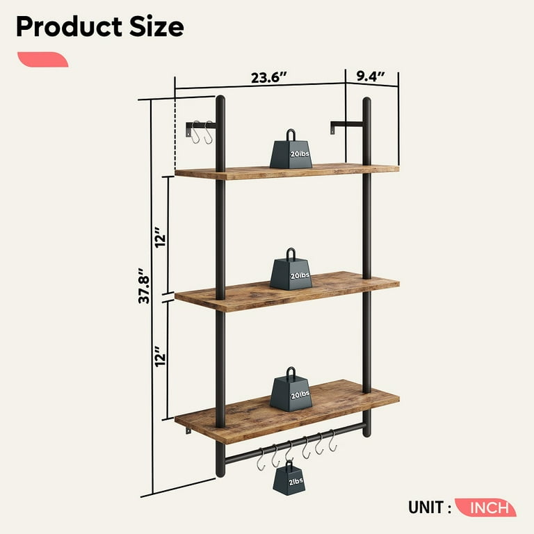 Bestier 38 inch Wall Mounted Floating Shelves with Towel Bar Hooks Bookshelf in Rustic