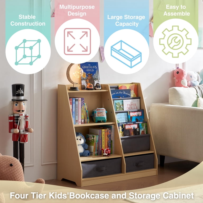 Natural Pine Kids Furniture Lingle - 4-Tier Wooden Bookcase With Animal ...