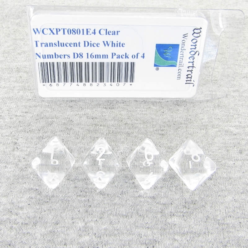 Clear Translucent Dice with White Numbers D8 Aprox 16mm (5/8in) Pack of ...