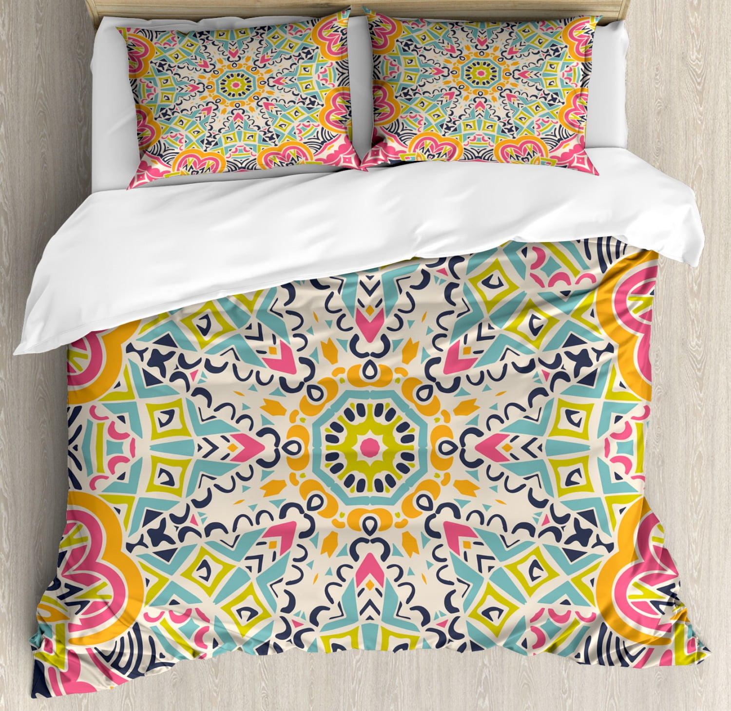 Folk Art Duvet Cover Set, Colorful Chaotic Retro Pattern with ...