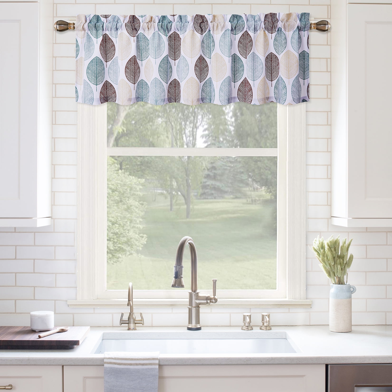 Scandi Leaf Printed Short Valance Curtain, Rod Pocket Tailored Curtain ...