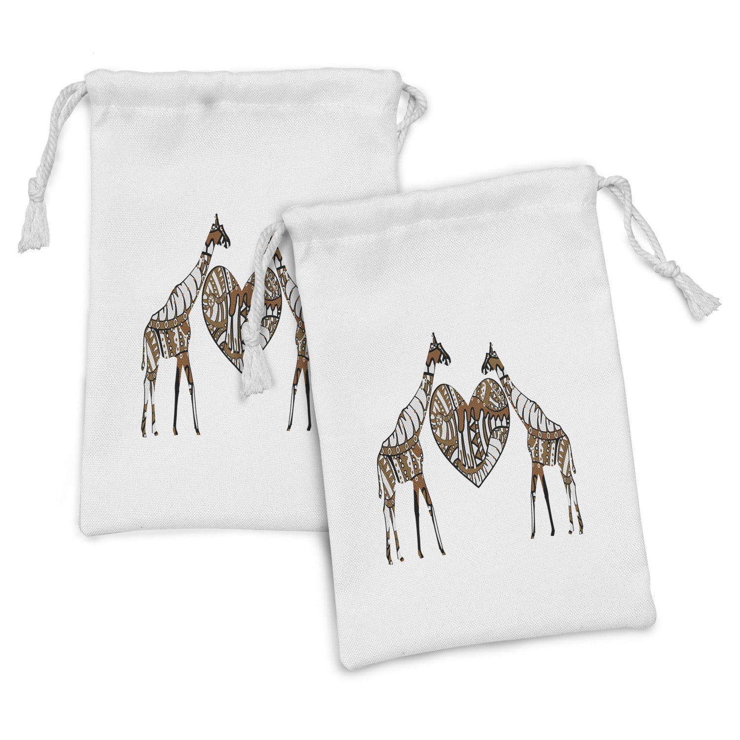 African Fabric Pouch Set of 2, Soul Mate Giraffes Illustration with a ...