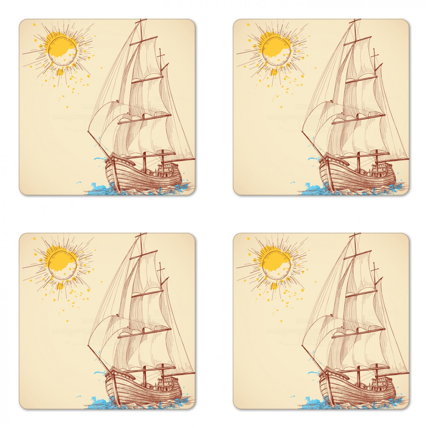 Nautical Coaster Set of 4, Marine Pattern of Sailing Boat in Windy Sea ...