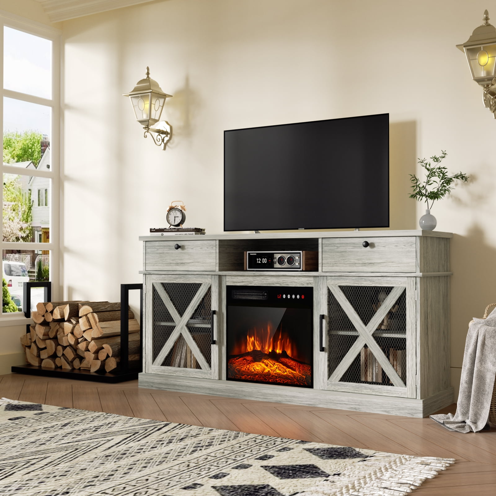 Gray farmhouse tv stand with fireplace store