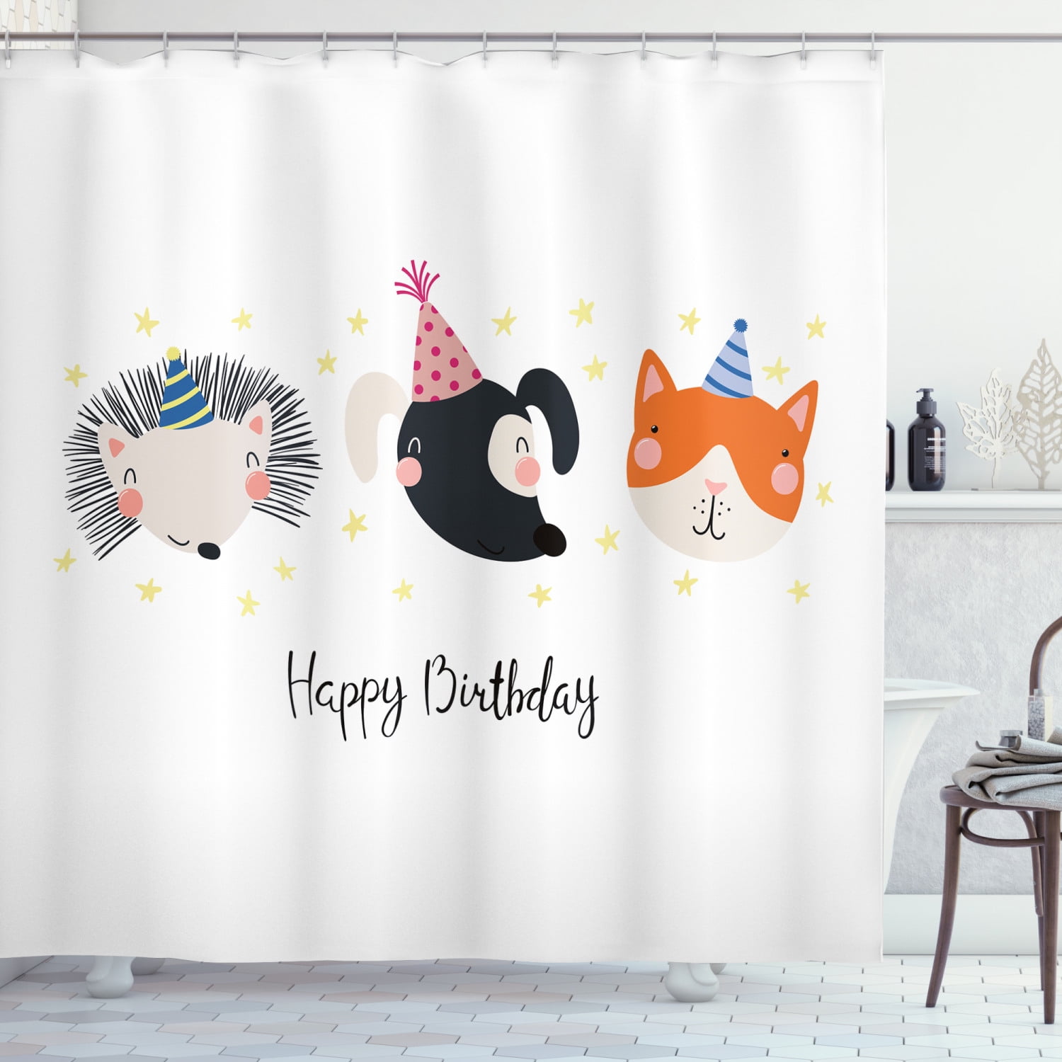 Happy Birthday Shower Curtain, Hedgehog Cat Dog in Headpiece Stars ...