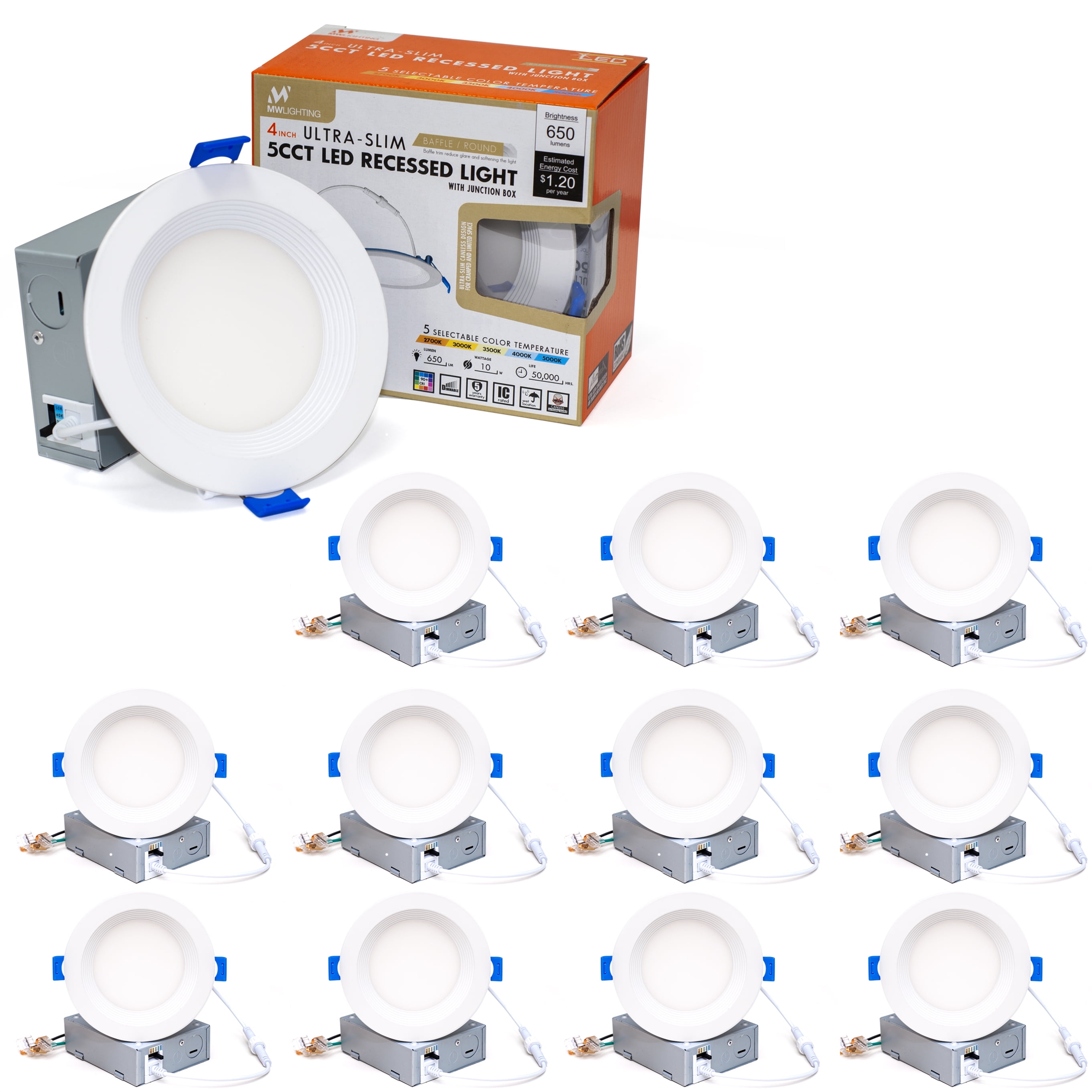 MW Lighting 4 Inch Canless 5CCT Color Temperature Selectable Ultra-Slim Baffle Round LED ...