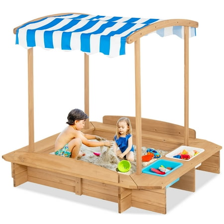 Costway Kids Large Wooden Sandbox w/ 2 Bench Seats Outdoor Play Station ...
