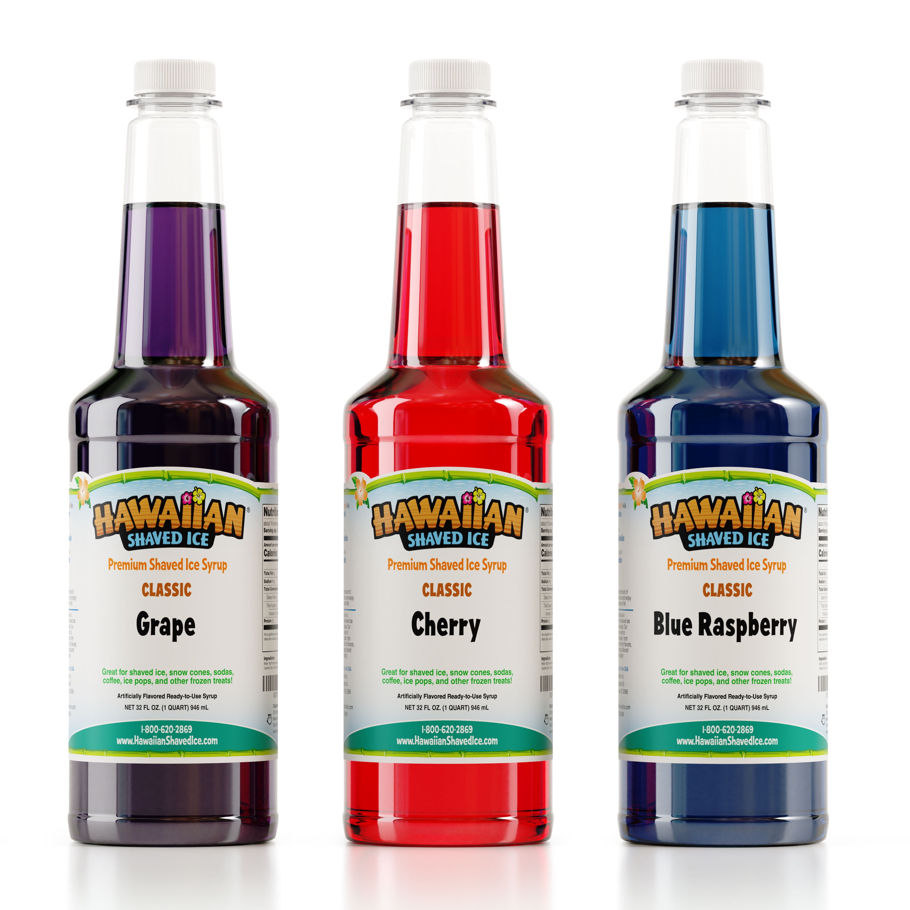 Hawaiian Shaved Ice Snow Cone Syrup 3 Flavor Pack Quarts