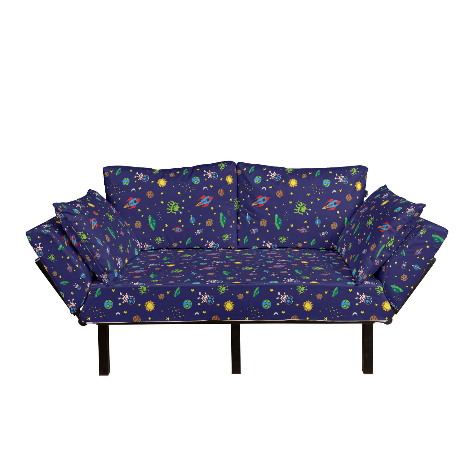 Space Futon Couch, Doodle Style Cartoon Rocket Astronaut and UFO Alien ...
