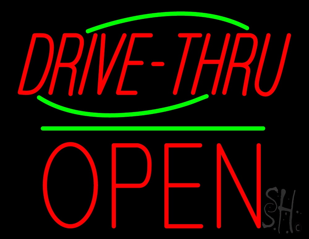 Drive-Thru Block Open Green Line LED Neon Sign 15 x 19 - inches, Clear ...