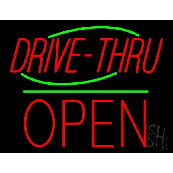 Drive-Thru Block Open Green Line LED Neon Sign 15 x 19 - inches, Clear ...