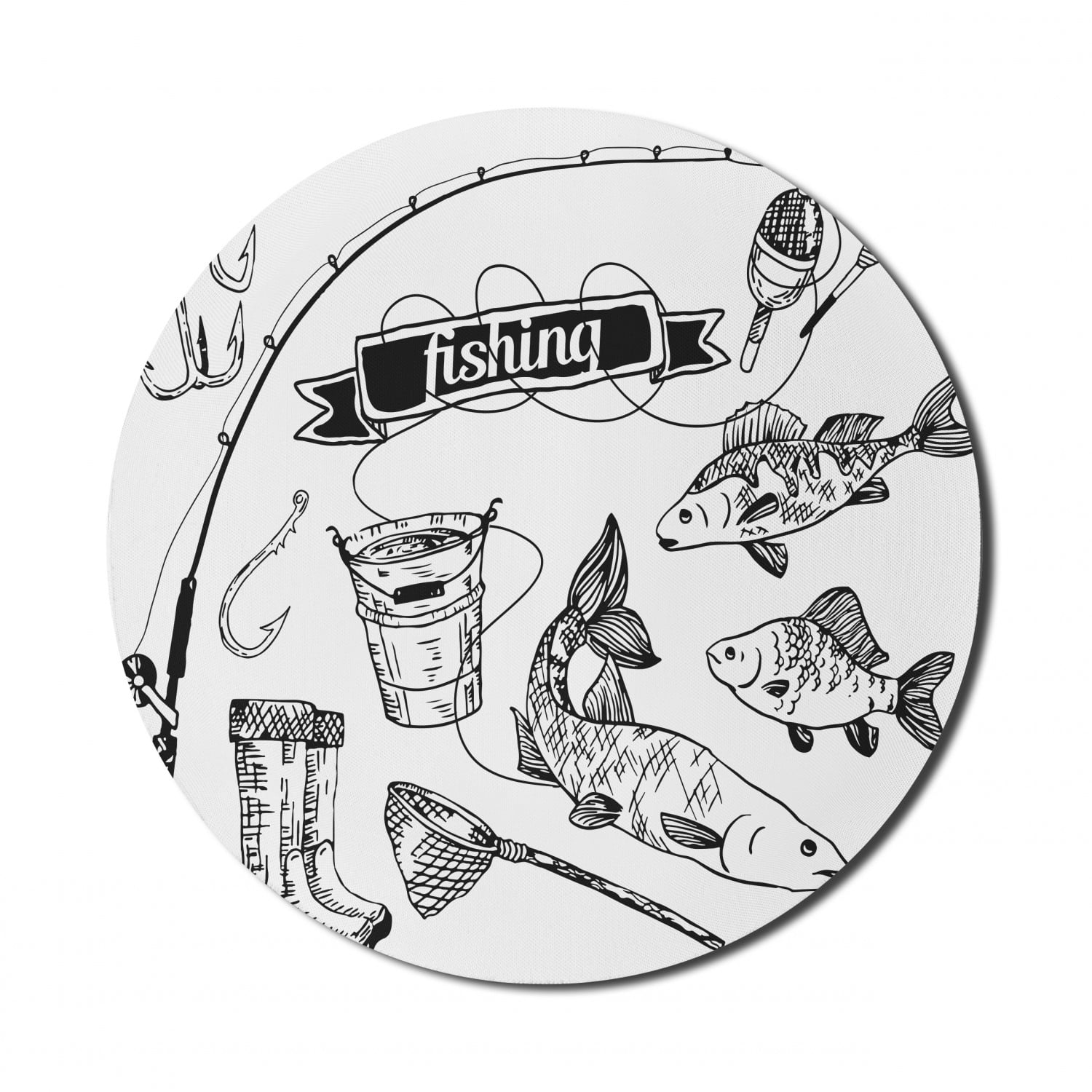 Fishing Mouse Pad for Computers, Hand Drawn Tools Set Rod Salmon and ...