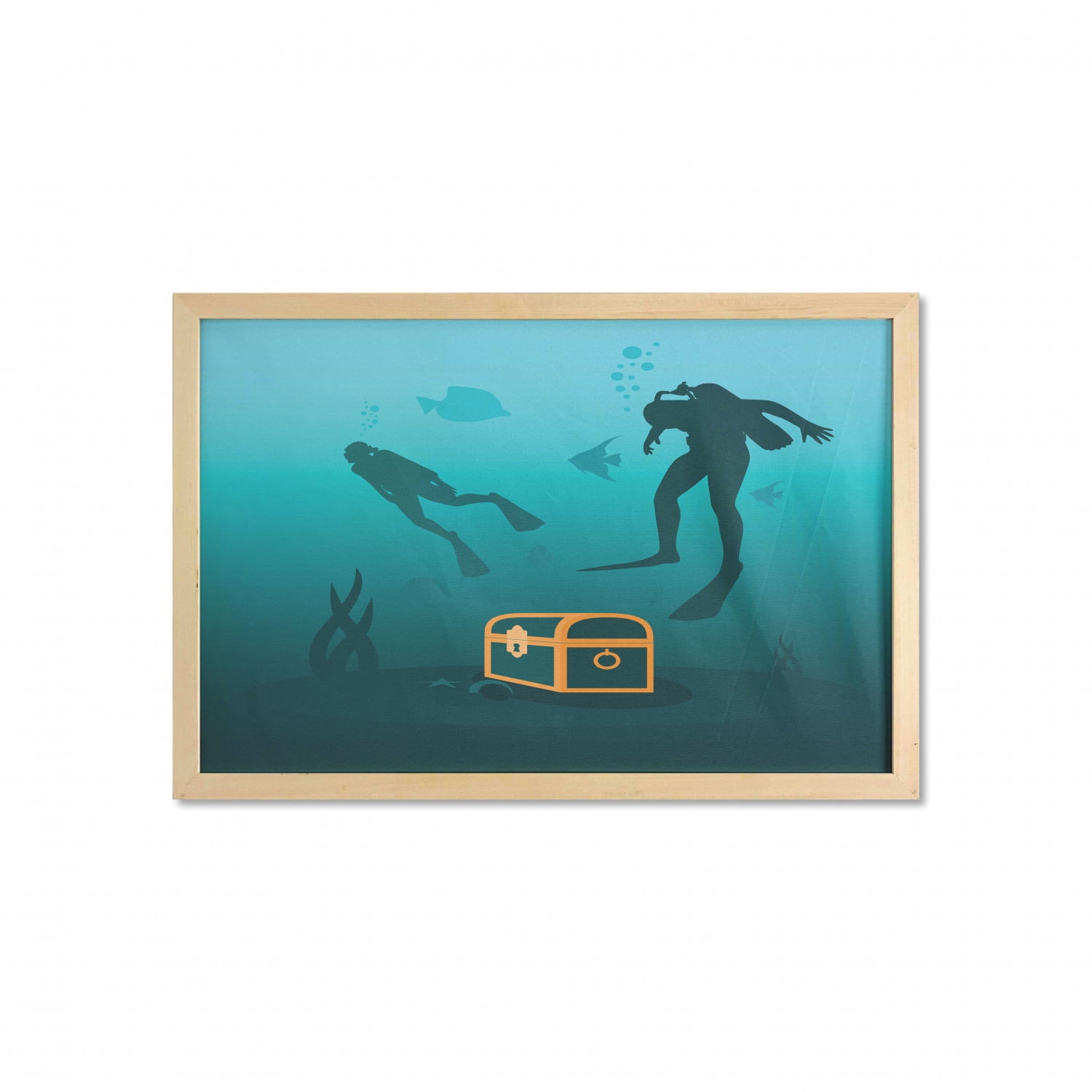 Deep Sea Wall Art with Frame, Silhouettes of Divers and a Sunken Ship ...