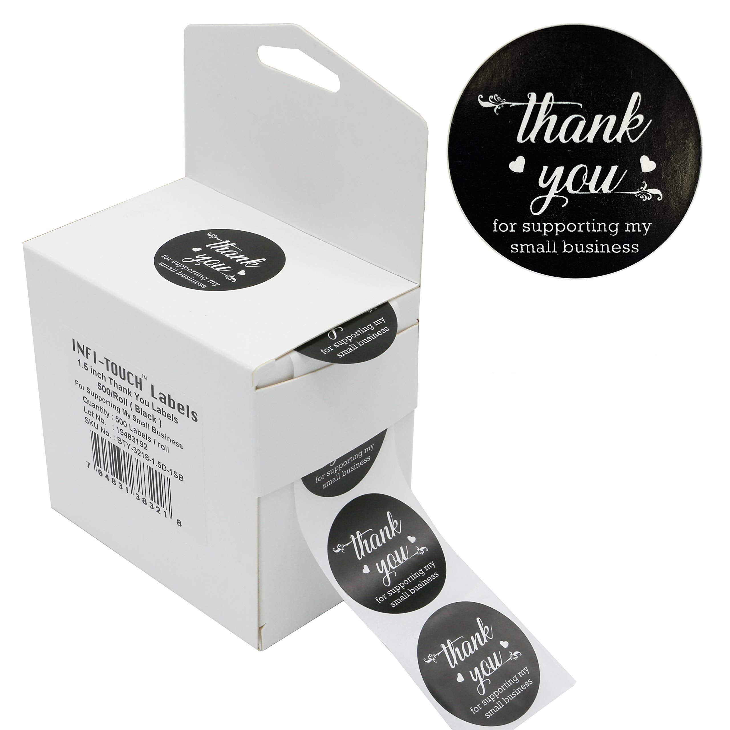 Infi-Touch 1.5" Black Round Natural Kraft Paper Thank You Stickers 500 ...