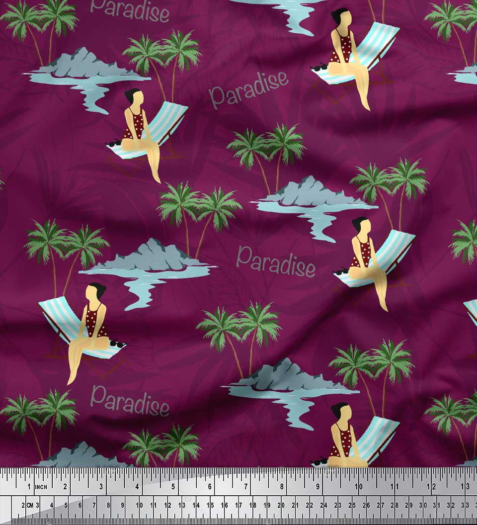 Soimoi Pink Georgette Viscose Fabric Plam Tree Chair And Girl Beach Print