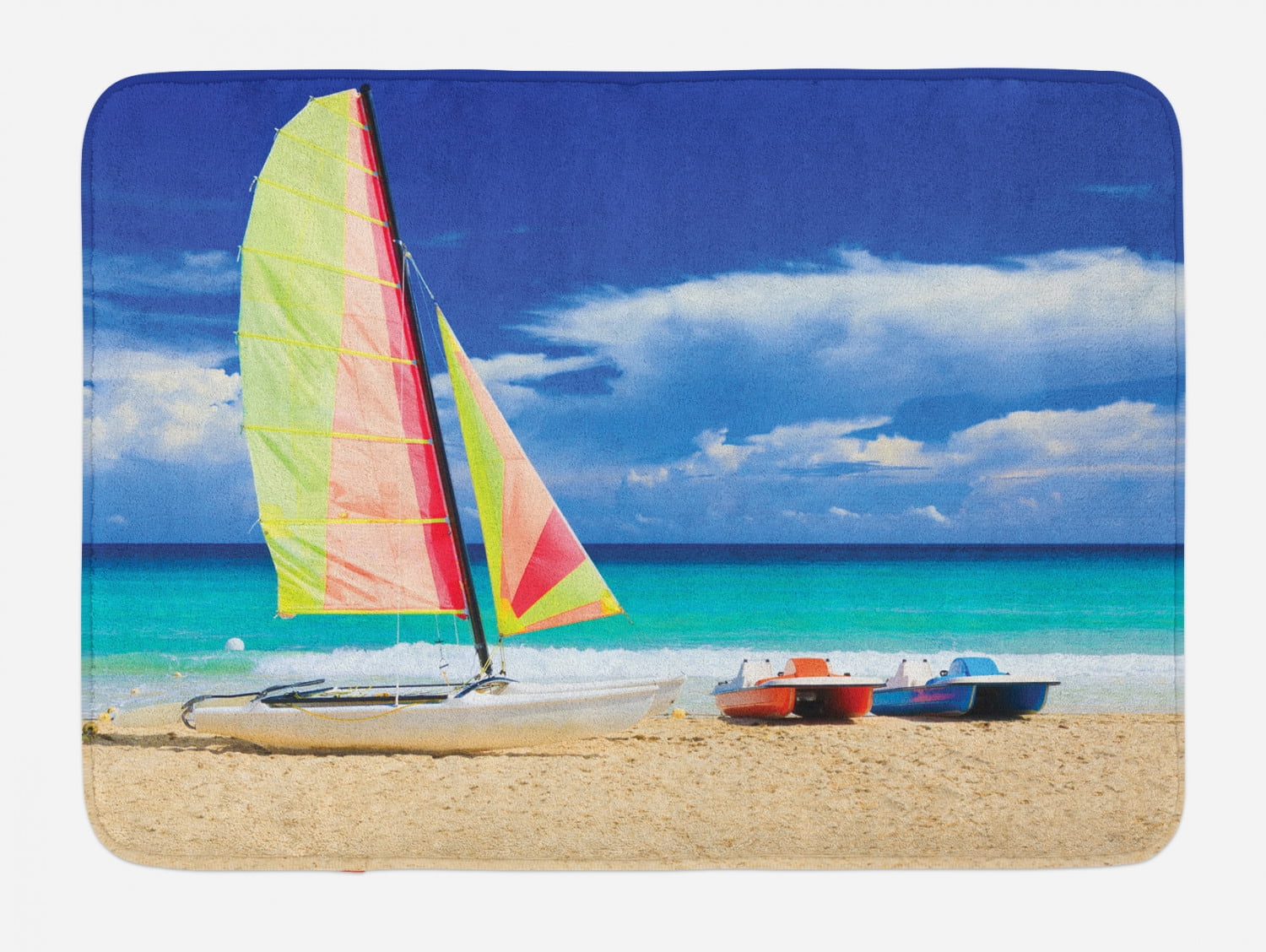 Holiday Bath Mat, Exotic Cuban Beach with Wind Surfing Boat and Waves ...